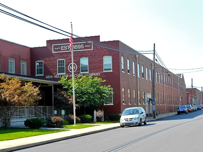 Industrial elegance in brick! New Holland's machine legacy stands proud—America's heartland at its hardworking finest.