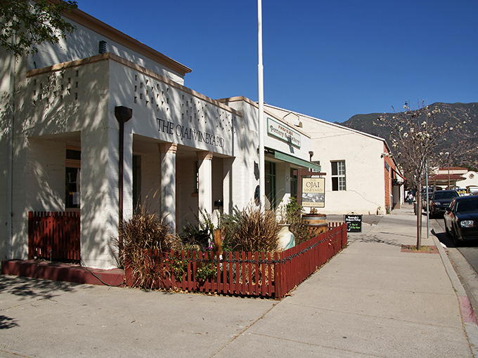 The Ojai Vineyard welcomes you with that red fence – like a lipstick smile on California's face. Wine country without the pretension, just the promise of perfect sips.