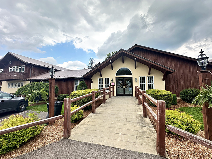 Penn Alps' rustic entrance welcomes you with country charm and mountain air. That wooden walkway isn't just leading you to dinner—it's a path to Appalachian culinary traditions. 