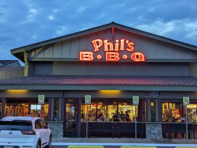 Phil's BBQ's glowing sign lights up the San Diego night like a beacon for the BBQ-obsessed.