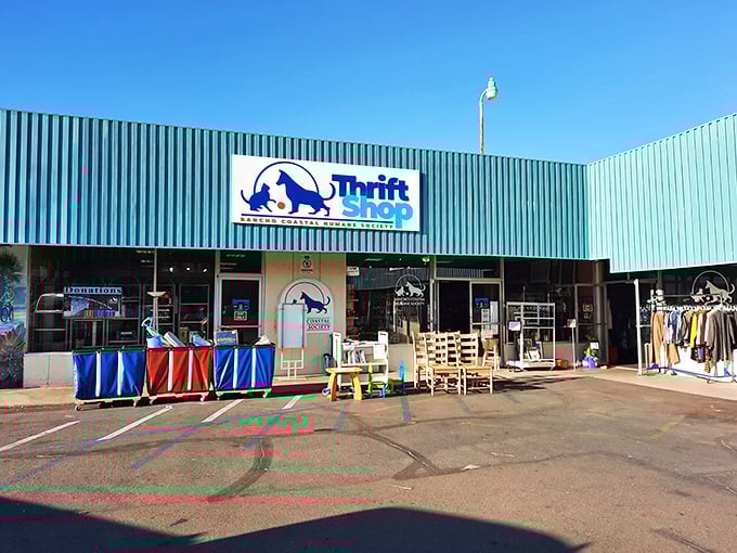 The turquoise facade of Rancho Coastal Humane Society Thrift Shop pops against the California sky—as cheerful as finding that perfect bargain.