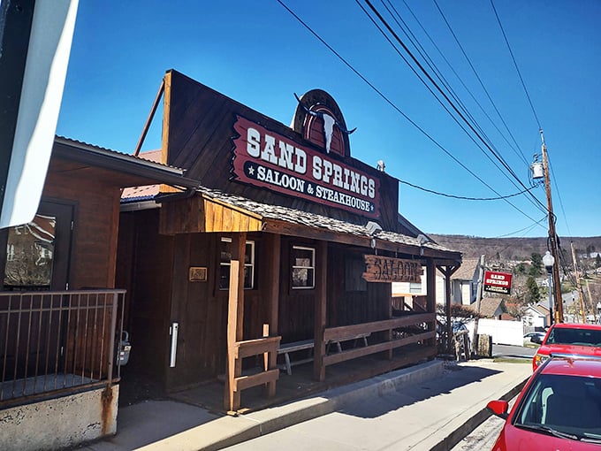 Sand Springs' Western-style wooden facade looks like it was plucked from a frontier town and dropped into Frostburg—cowboy steaks included.