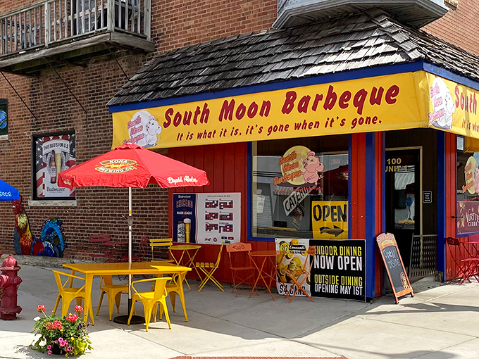 South Moon BBQ's colorful corner spot brightens Hinckley's downtown with its cheerful "eat here now" energy.