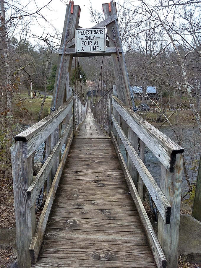 "Four at a time, please!" The wooden swinging bridge in Townsend adds a touch of adventure to your mountain stroll.
