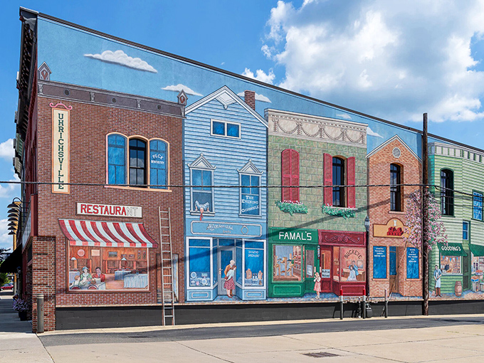 The mural in Uhrichsville doesn't just decorate a wall—it celebrates a way of life. Painted storefronts that honor the real ones just around the corner.