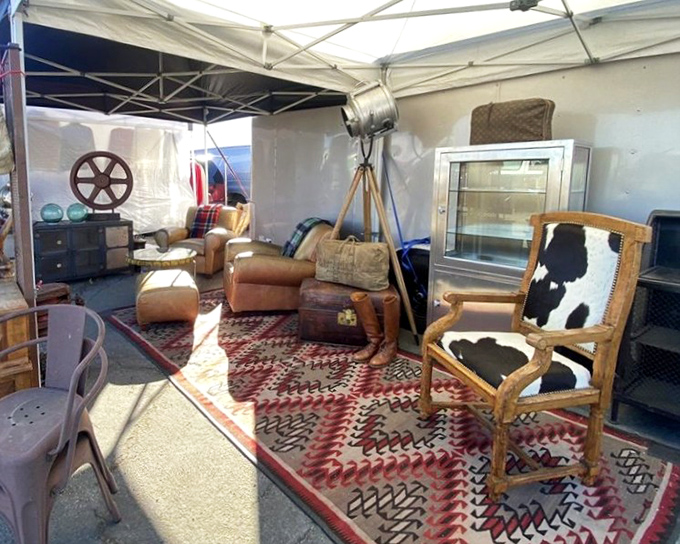 This outdoor living room setup at Long Beach Antique Market lets shoppers envision vintage furniture in their own homes.