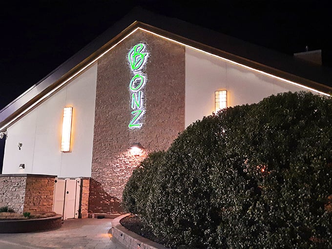 The neon glow of Bonz cuts through the darkness, promising prime cuts that are always a safe bet.
