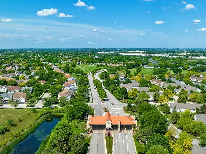 Aerial view of Plainfield's Carillon community—where streets curve just enough to make your daily walk interesting but not exhausting.