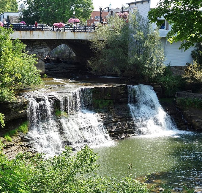 The stone bridge offers the best view in Chagrin Falls, where water has been tumbling dramatically over rocks since long before selfies existed.