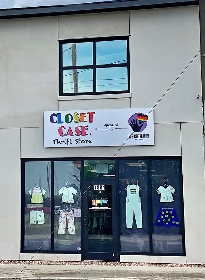 The bright storefront window displays showcase carefully curated clothing that proves thrift shopping can be both stylish and incredibly budget-friendly. 