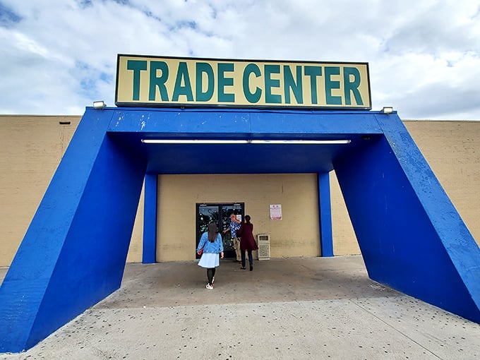 Step into the cool! This bright blue gateway leads to endless rows of treasures at Corpus Christi's indoor marketplace.