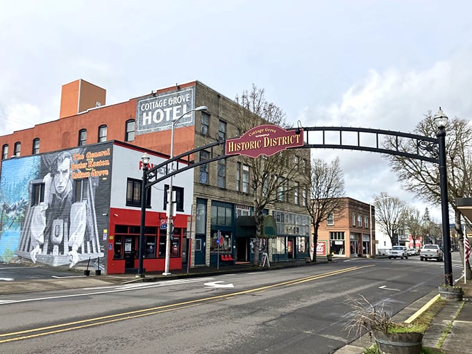 Murals tell stories on Cottage Grove's historic walls. A place where even the buildings seem to be having interesting conversations.