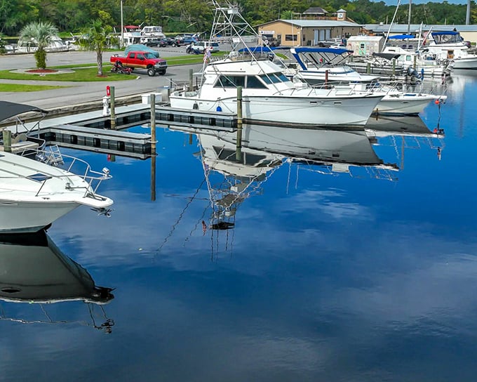Reflections run deep in DeLand’s serene marina, where calm waters and docked boats set the tone for a relaxing day by the water.