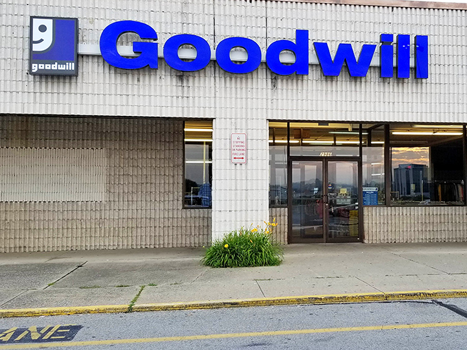 The clean lines of Goodwill's entrance offer a portal to affordable possibilities. Every visit promises different treasures waiting to be discovered.