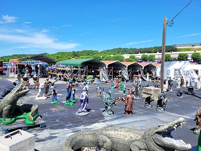 At the Great Smokies Flea Market, even the parking lot bursts with personality—from gators to garden gnomes, every aisle is an adventure.