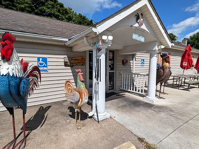 Those colorful rooster statues aren't just decoration—they're guardians of breakfast excellence and down-home hospitality.