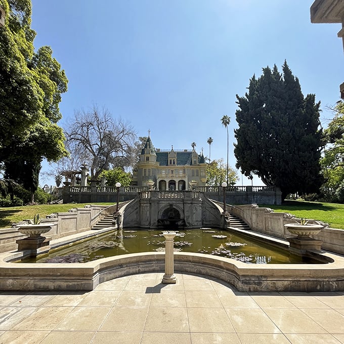 Kimberly Crest: Elegant stone steps lead to a reflecting pool in front of this magnificent mansion—Southern California's answer to European grandeur.