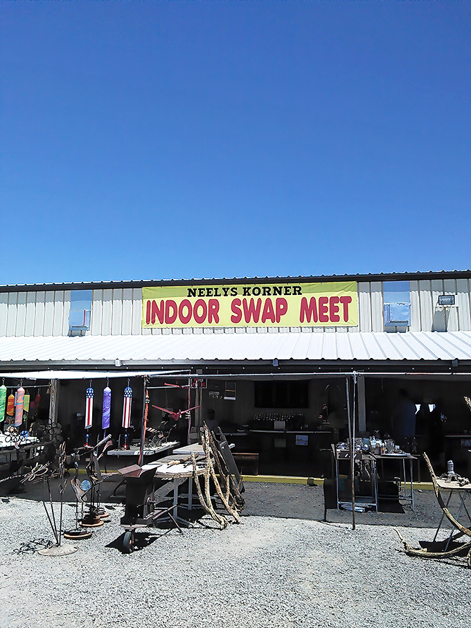 The sun-drenched sign promises adventures in thrifting at Neely's, where desert treasures await the curious shopper.