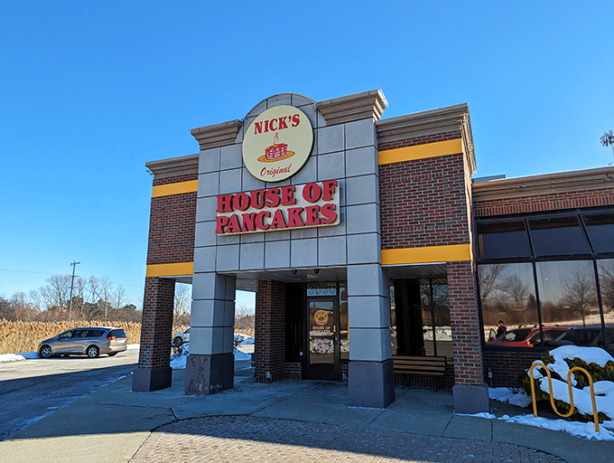 That bold red signage isn't just for show—it's marking the spot where pancake dreams come true.
