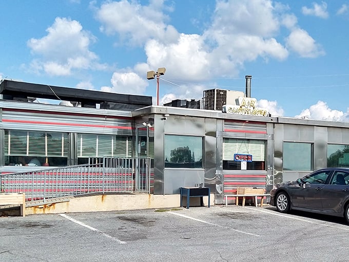 The stainless steel gleams at Route 30 Diner – a shiny reminder of when restaurants doubled as roadside attractions.