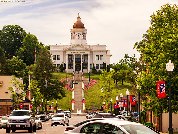 The majestic courthouse crowns Sylva's charming main street. When your town hall looks this good, you know the property taxes are worth it.