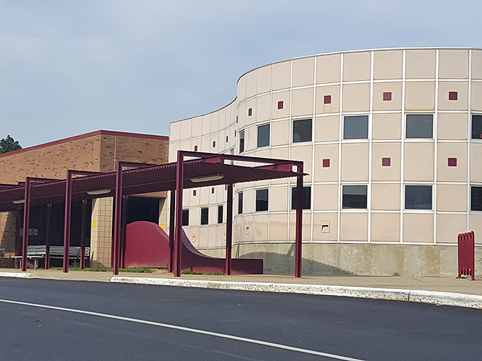 This distinctive community building with its curved walls and covered entrance serves as one of Boonville's gathering places for local events and activities.