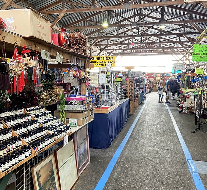 The flea market superhighway, where treasures beckon from both sides. Follow the blue line to bargain bliss!
