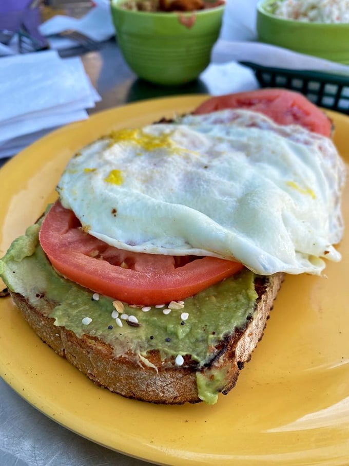 Avocado toast that actually justifies its existence. That perfectly fried egg on top isn't just an addition—it's the completion of a breakfast masterpiece.
