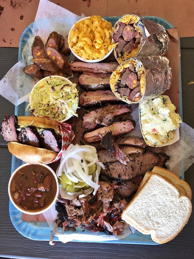 Not so much a tray as a barbecue United Nations—where different meats and sides gather in peaceful, delicious harmony.