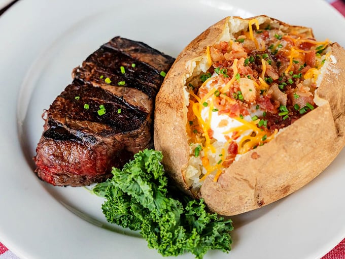 Steak's best friend isn't another steak—it's this loaded baked potato, dressed for success with all the fixings a potato could dream of.
