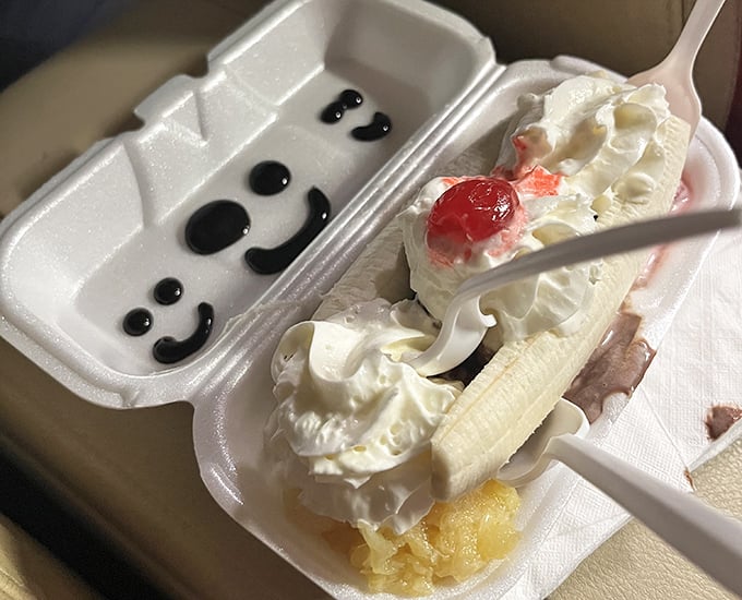 A banana split that makes you wonder why you ever bothered with fancy desserts. This is joy in styrofoam form.