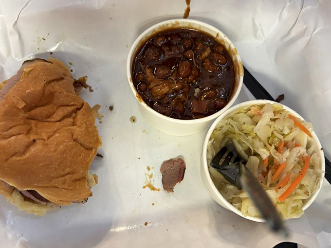 A sandwich that requires commitment and possibly a nap afterward. The beans aren't just a side – they're a supporting character in this drama.