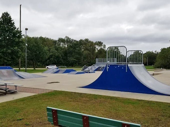 Beloit's community skate park proves retirement towns aren't just for shuffleboard—multiple generations find their thrills on these well-designed ramps.