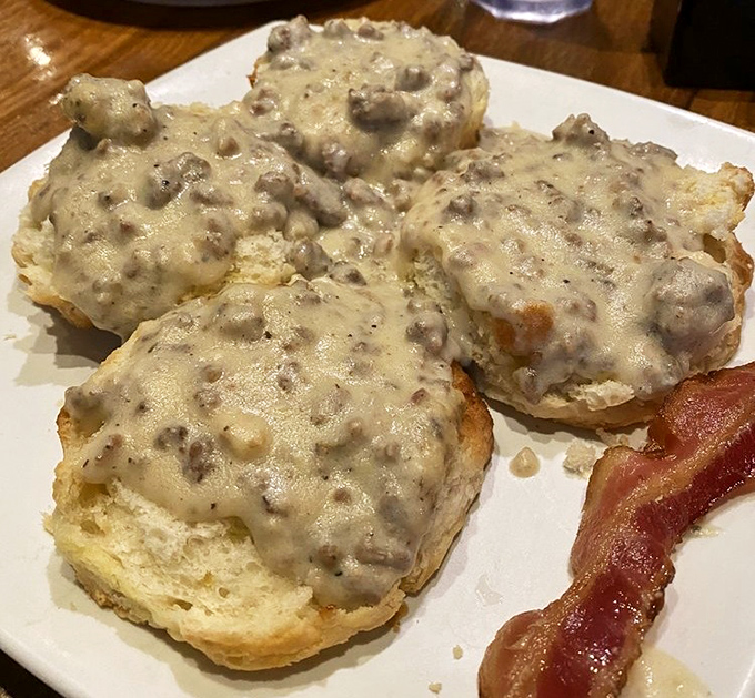 Biscuits and gravy that would make your grandmother both proud and jealous—pillowy clouds of dough swimming in savory sausage gravy.