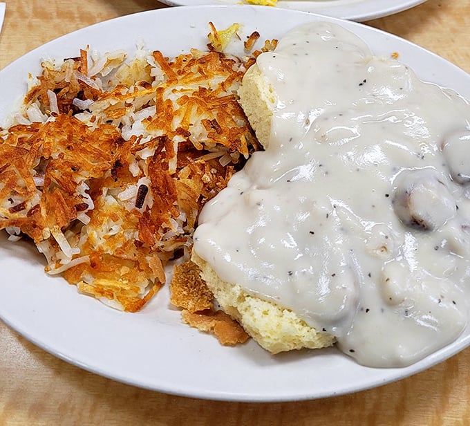 Biscuits and gravy alongside perfectly crisped hash browns—the kind of plate that makes you want to hug the cook and thank their ancestors.