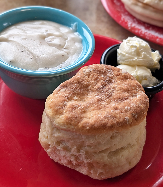 That biscuit isn't just baked – it's architecturally engineered to support its gravy payload while maintaining structural integrity until the last heavenly bite.