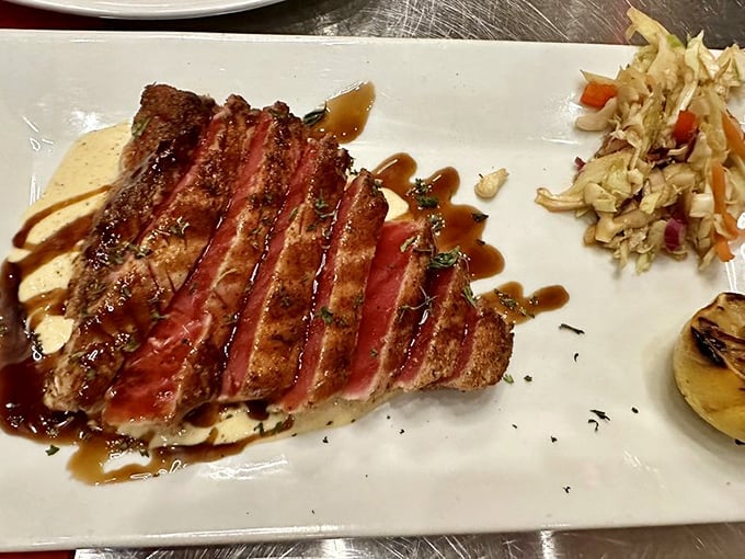 Sliced tuna that's blackened on the outside, ruby-red within—proof that seafood doesn't have to play second fiddle at a steakhouse.