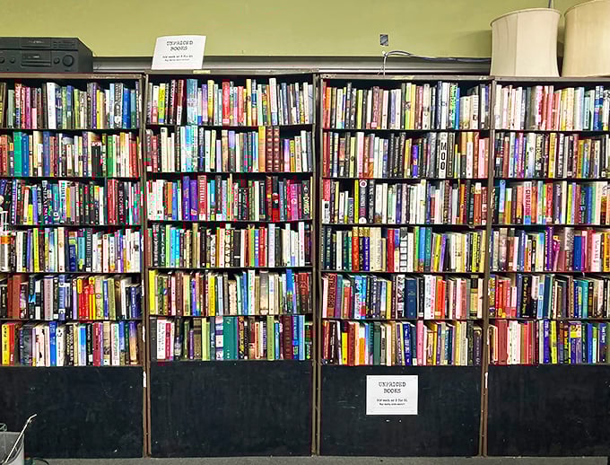 A bibliophile's dream wall—thousands of stories waiting for their next chapter in someone's home. No algorithm recommended these gems.