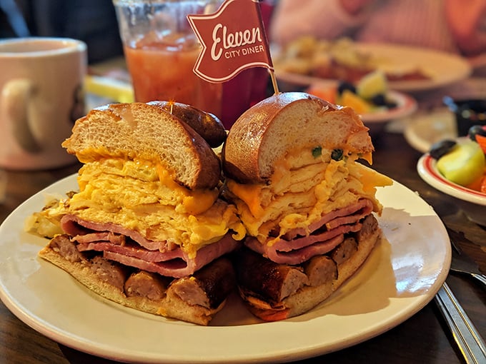 This breakfast sandwich doesn't just break the fast – it demolishes it. Eggs, cheese, and meat stacked higher than some downtown condos.