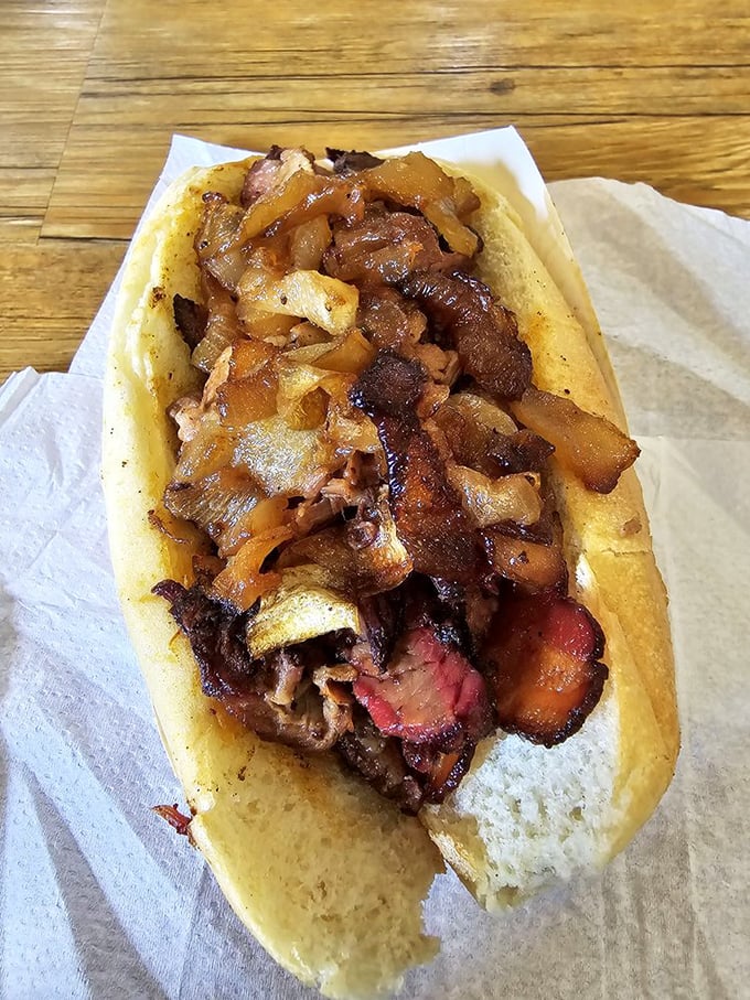 Brisket and caramelized onions on a hoagie roll—proof that Pennsylvania understands barbecue better than the South might want to admit.