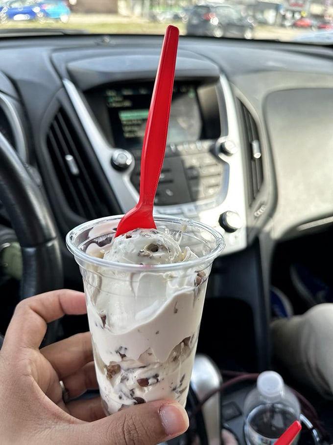 Butter pecan custard with chocolate chunks—a textural symphony that makes you wonder why anyone would settle for ordinary ice cream.