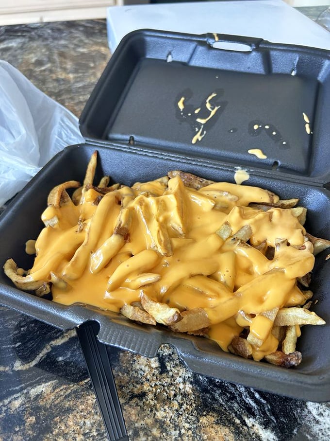 Cheese fries that defy physics—somehow maintaining that perfect molten state from first bite to last. A golden, gooey masterpiece in a humble to-go container.