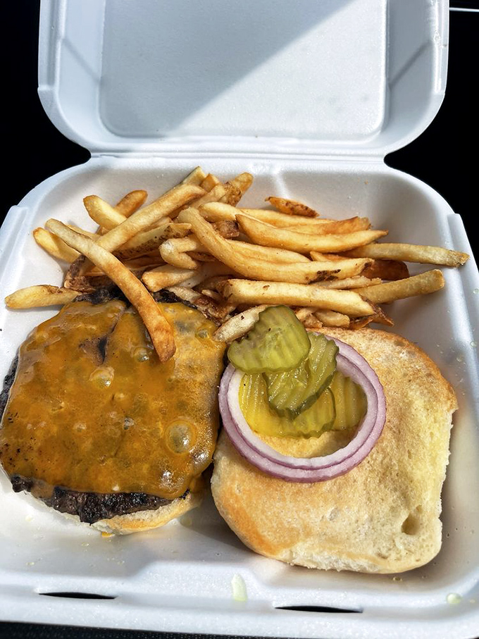 The classic cheeseburger and fries in their natural habitat—a styrofoam container that somehow makes everything taste better, like picnics and summer rolled into one.