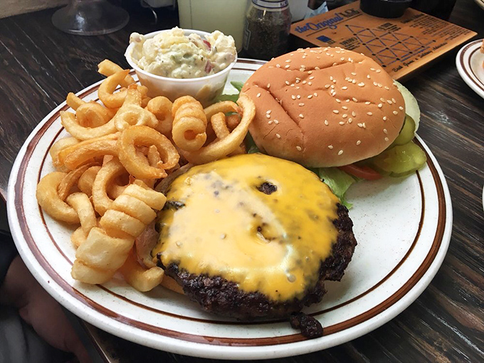 The cheeseburger arrives like a celebrity making an entrance—golden curly fries, creamy coleslaw, and that melted cheese cascading down the patty.