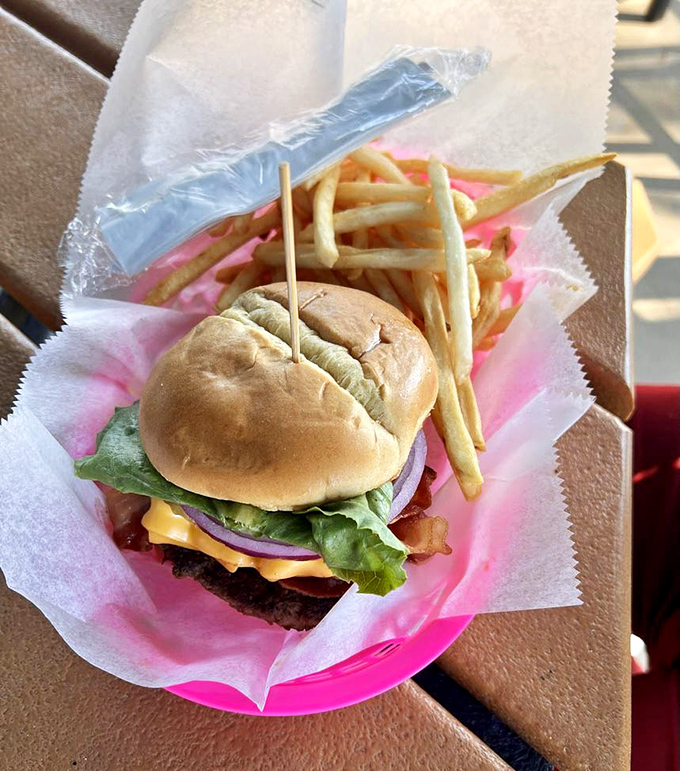 The humble cheeseburger gets the Florida treatment—served with house-made chips that have never seen the inside of a bag.