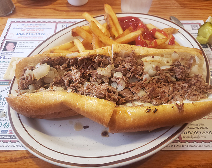 The Philly-area cheesesteak in its natural environment. Notice how the meat, onions, and roll achieve perfect harmony – it's the culinary equivalent of The Beatles.