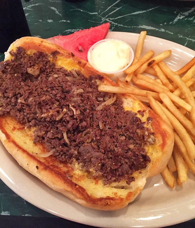 This isn't just a cheesesteak—it's a commitment. Tender meat, melted cheese, and a slice of watermelon that somehow makes perfect sense.