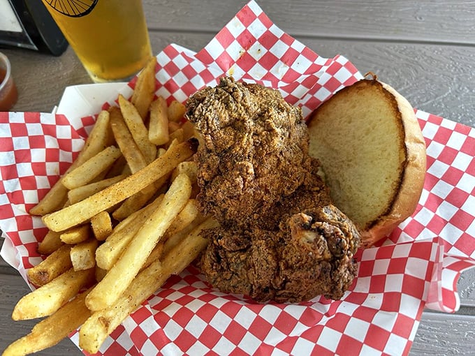Fried chicken gets the star treatment here, dressed up with all the fixings for its red-carpet moment.