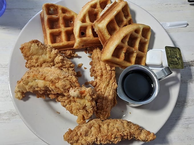 Chicken and waffles: the breakfast equivalent of wearing a tuxedo with sneakers. Deliciously rebellious and perfectly executed.