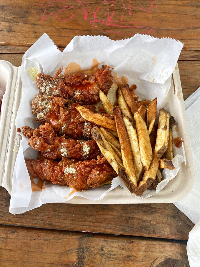 Crispy on the outside, tender within—these chicken strips and fries are the comfort food equivalent of a warm hug.